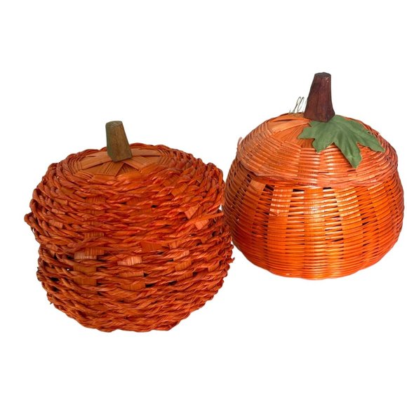 Holiday | Wicker Rattan Pumpkin Baskets W Lids Halloween Decoration 2 ...
